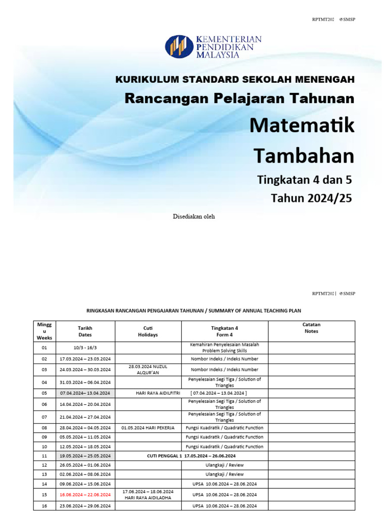 RPT_Matematik_Tambahan T4_2024_ | PDF