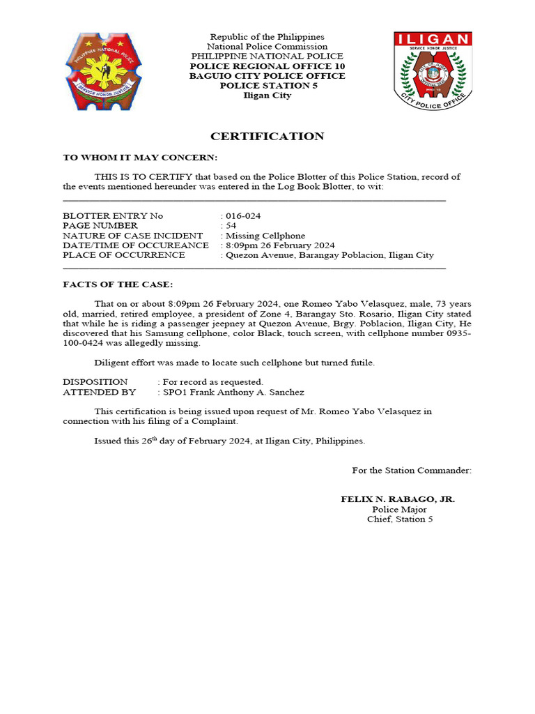 Certification Police Blotter SANCHEZ | PDF