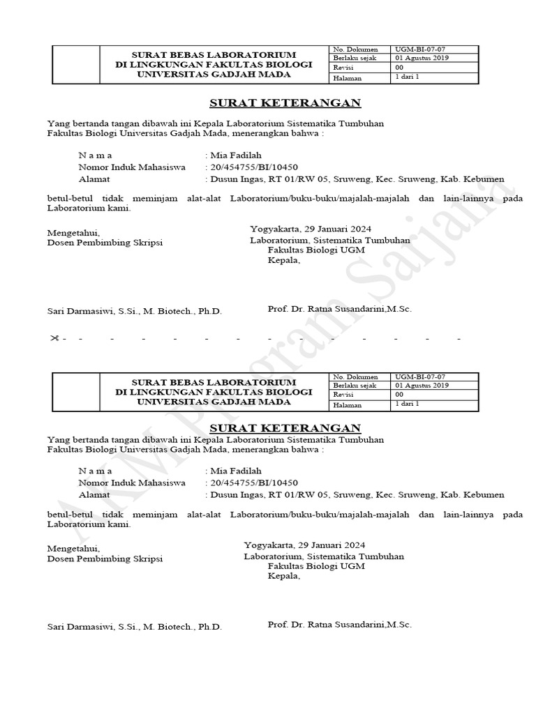 Surat Bebas Laboratorium | PDF