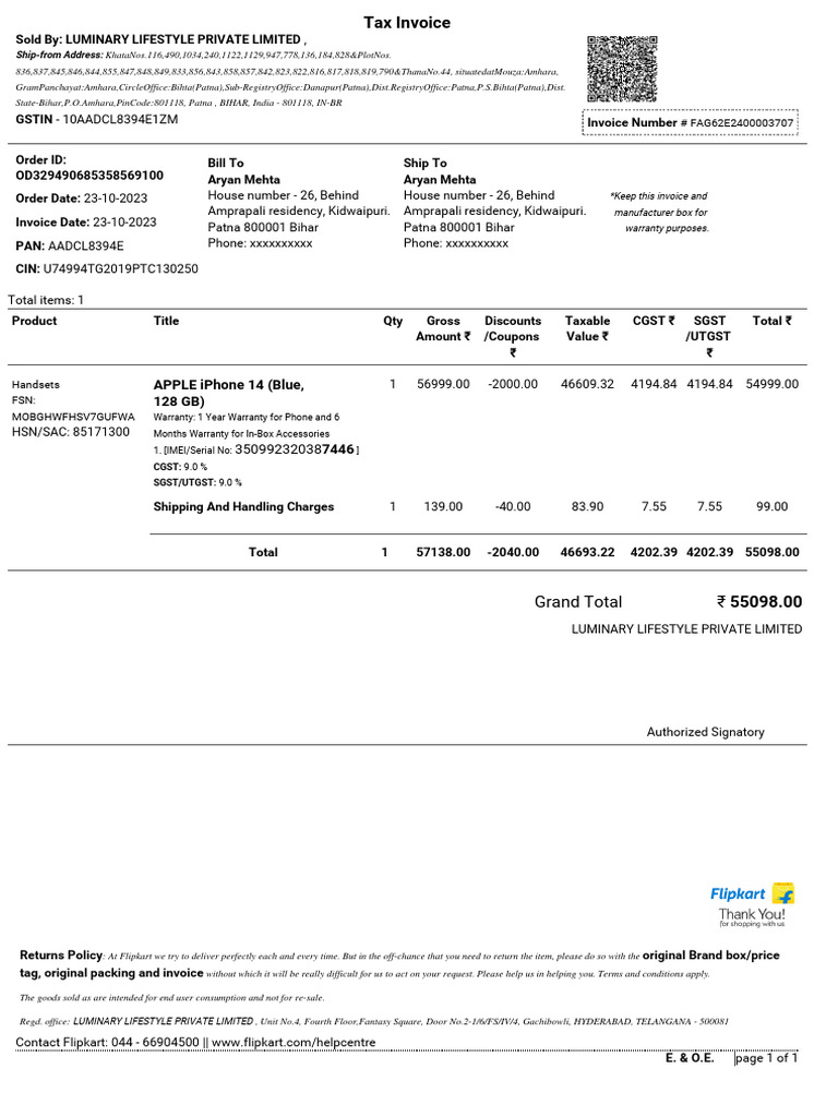 Iphone 14 Invoice | PDF | I Phone | Apple Inc.