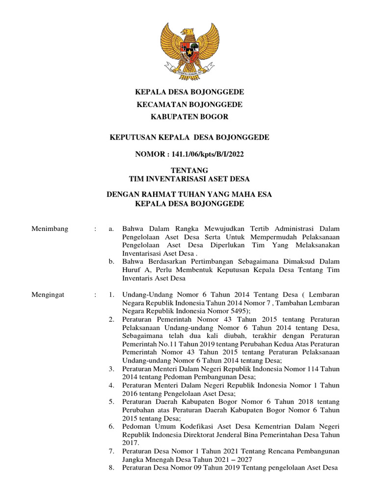 SK Kepala Desa Bojonggede Tentang Tim Pengelola Aset Desa Dan Data Aset | PDF