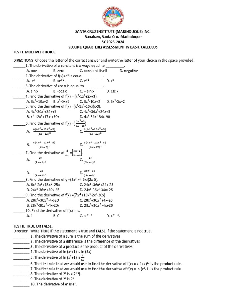 Grade 12 Calculus 2nd Quarter Exam | PDF | Derivative | Mathematics