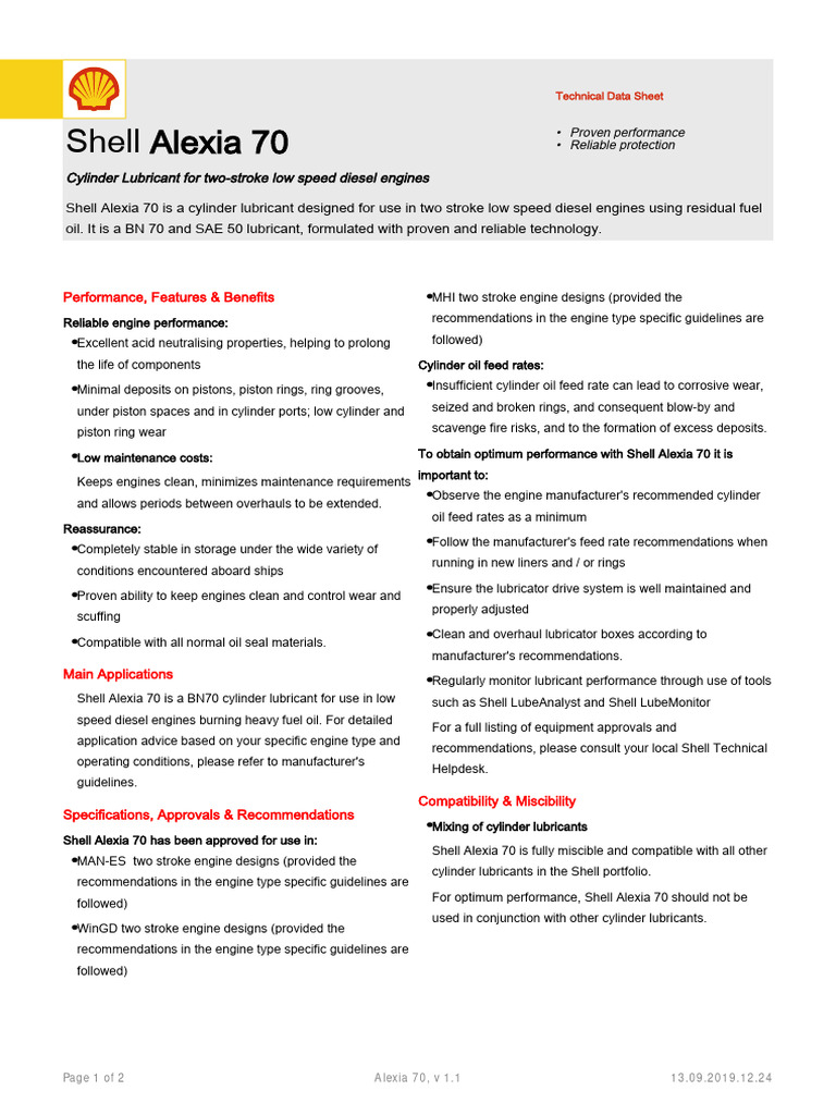 TDS - Shell Alexia 70 | PDF | Motor Oil | Diesel Engine