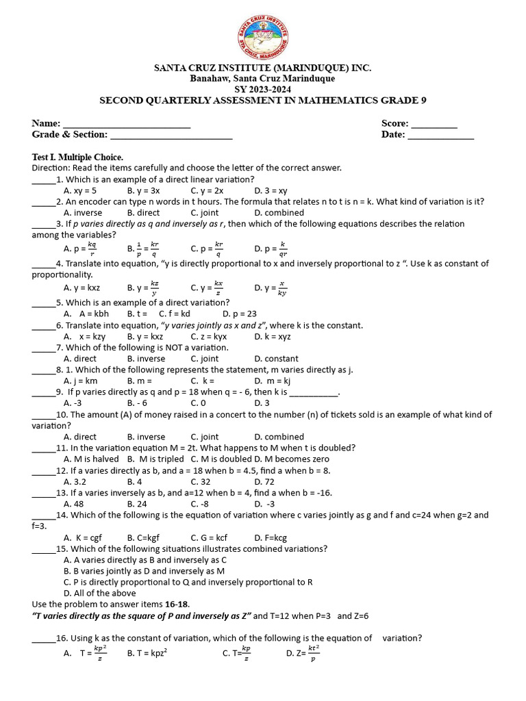 Grade 9 Math 2nd Quarter Exam | PDF | Mathematical Analysis | Mathematical Objects