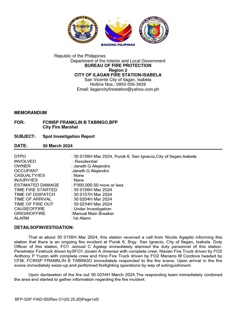 Spot Report 30 MARCH 2024 Purok 6, San Ignacio, City of Ilagan | PDF ...