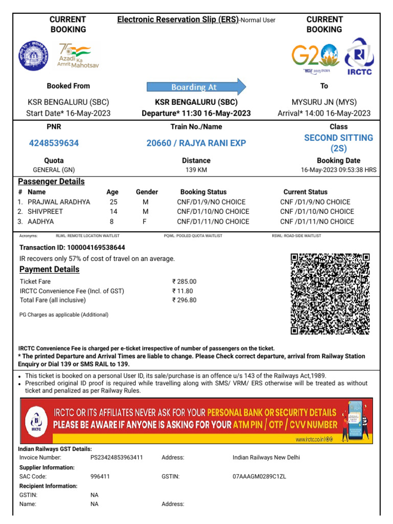 Rajya Rani Exp Second Sitting (2S) | PDF | Identity Document | Payments