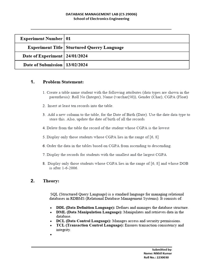 Dbmslab1 | PDF | Sql | Relational Database