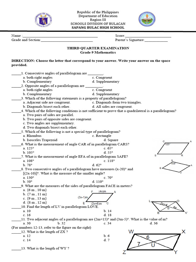 3rd Quarter Exam_Math9 | PDF | Rectangle | Geometry