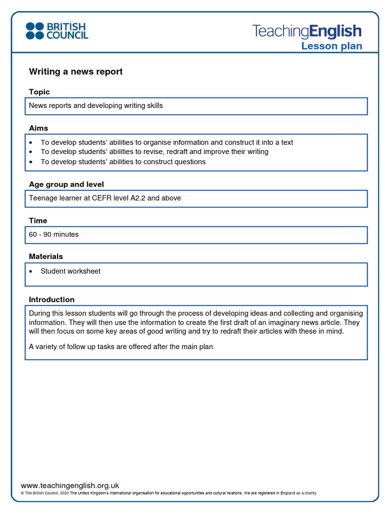 Writing_a_news_report_lesson_plan | PDF | Lesson Plan | Human Communication