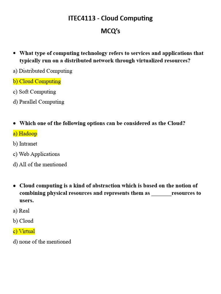 Cloud Computing MCQs - ITEC4113 | PDF