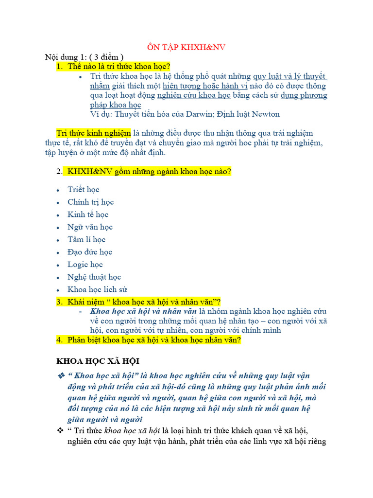 Đề cương KHXH NV 1 | PDF