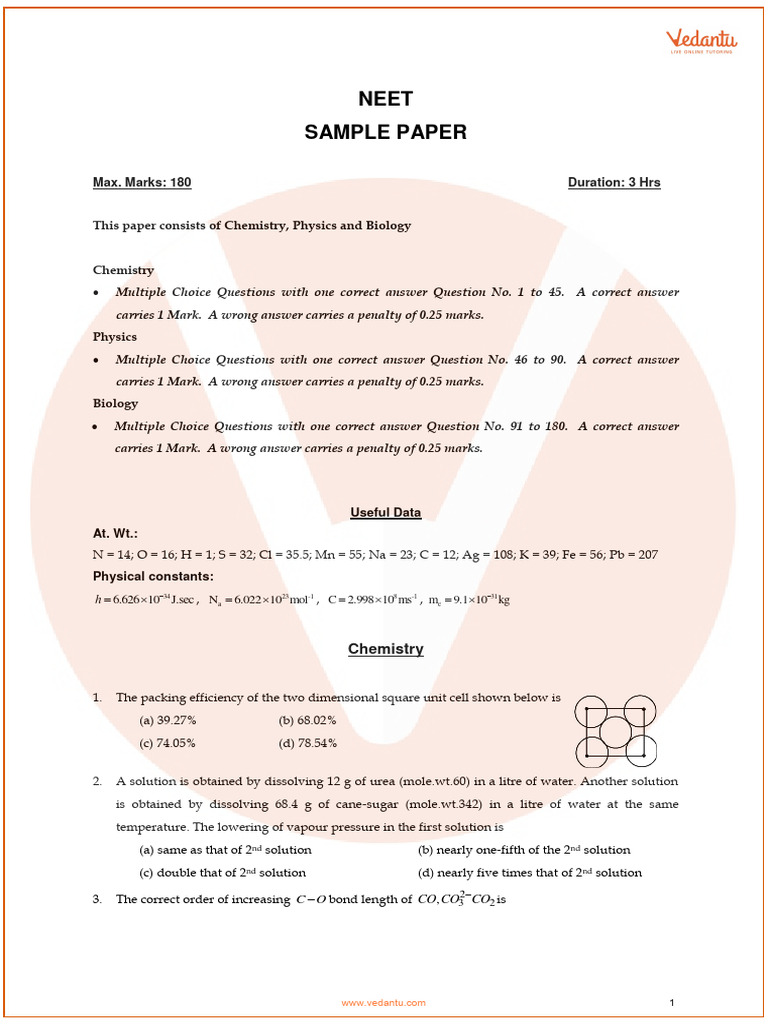 NEET Sample Paper: Chemistry, Physics, Biology | PDF | Hydroxide | Acid