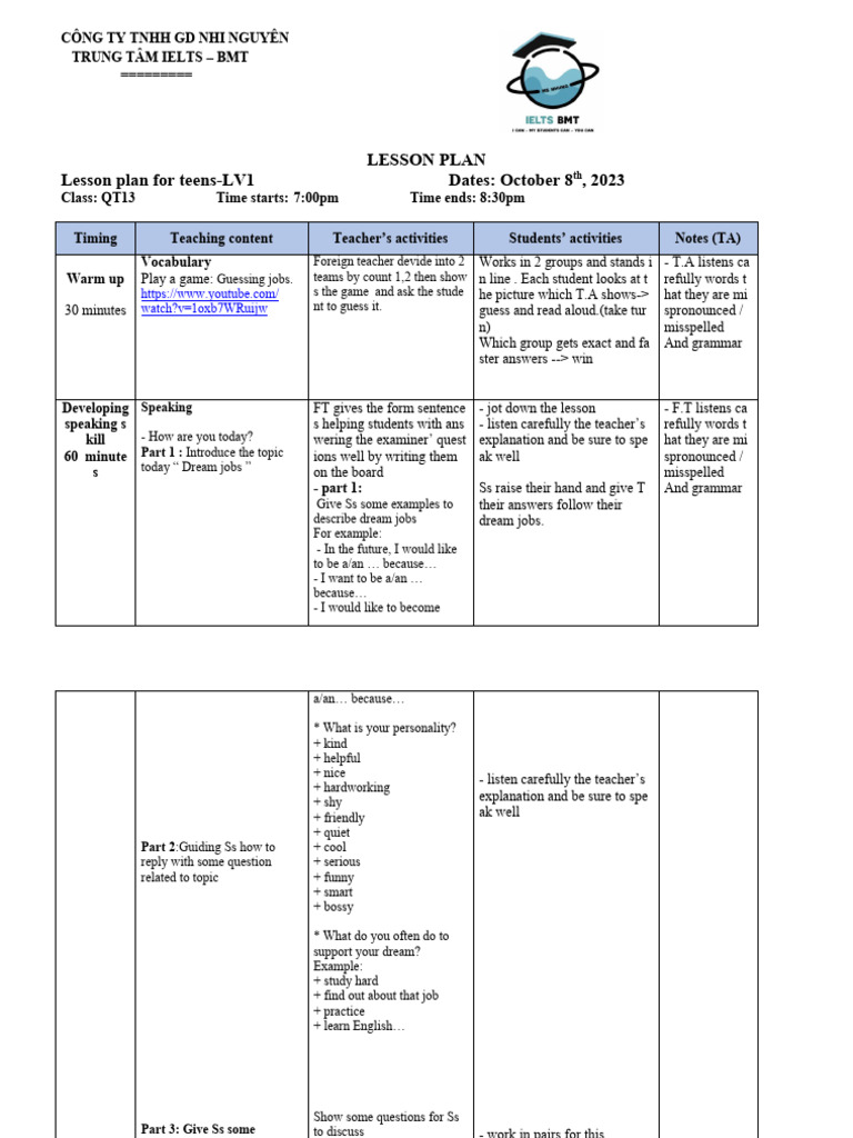 Lesson Plan Qt13 October 8th | PDF | Cognitive Science | Linguistics