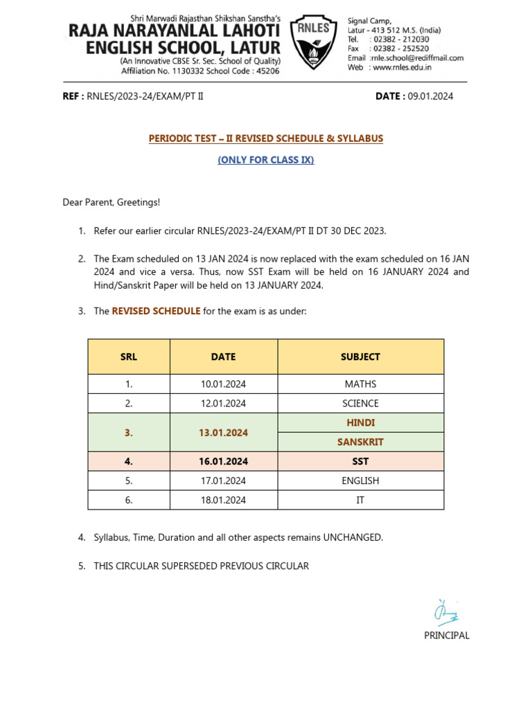 Revised Periodic Test Ii Schedule of Class Ix | PDF