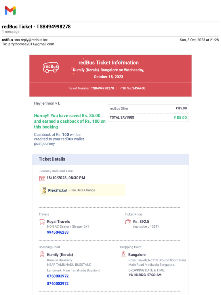 Gmail - Redbus Ticket - TSB494998278 | PDF | Bus | Baggage