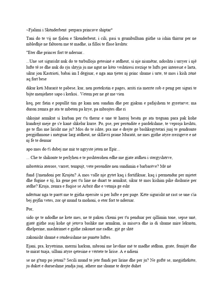 Fjalimi I Skënderbent Perpara Princave Shiptar | PDF