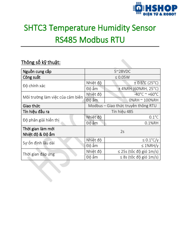 (Hshop - VN) HDSD Shtc3 Rs485 Modbus Rtu | PDF