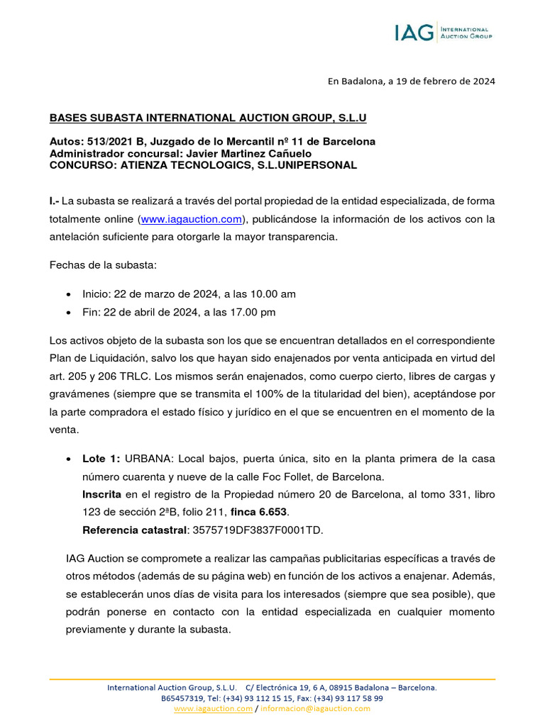 Bases y Condiciones ATIENZA TEC.. | PDF | Liquidación | Subasta