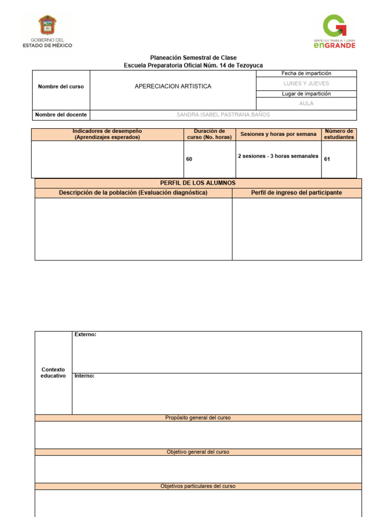 EPO 14 TEZOYUCA A ARTISTICA IPlaneación Semestral de Clase 2015-2016 CORREGIDO | PDF ...