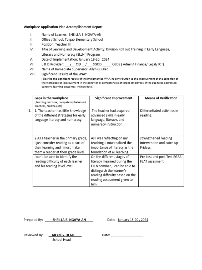 WAP - ELLN Accomplishment Report | Download Free PDF | Literacy | Learning