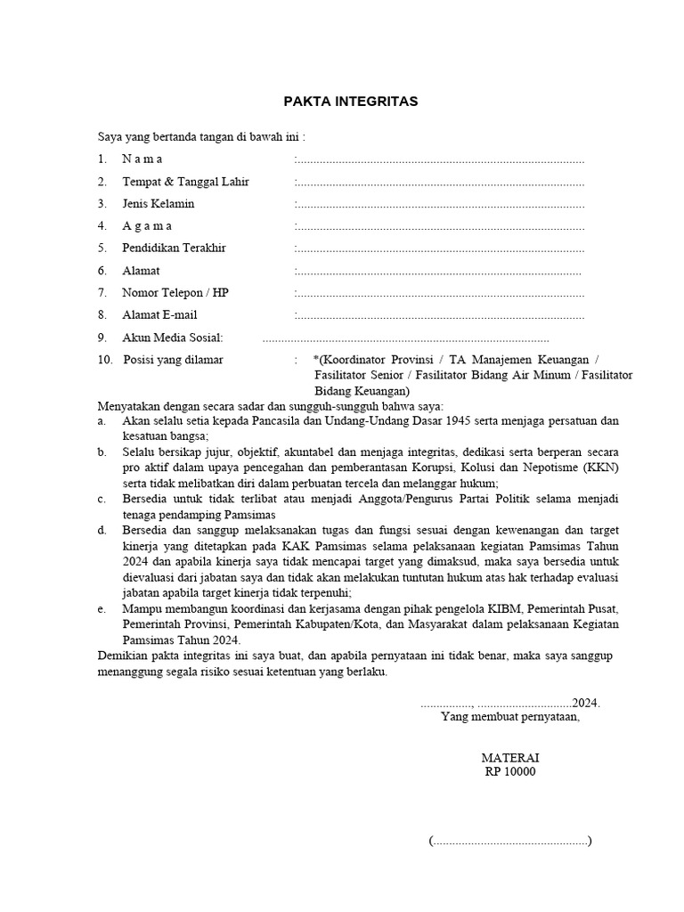 E Form 5 Format Pakta Integritas Pdf