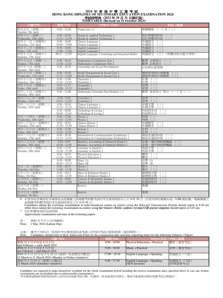 2024 DSE Timetable | PDF
