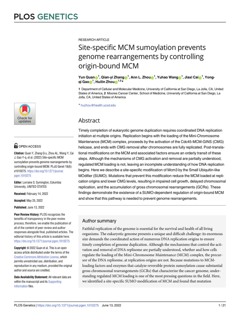 Site-Specific MCM Sumoylation Prevents Genome Rearrangements by ...