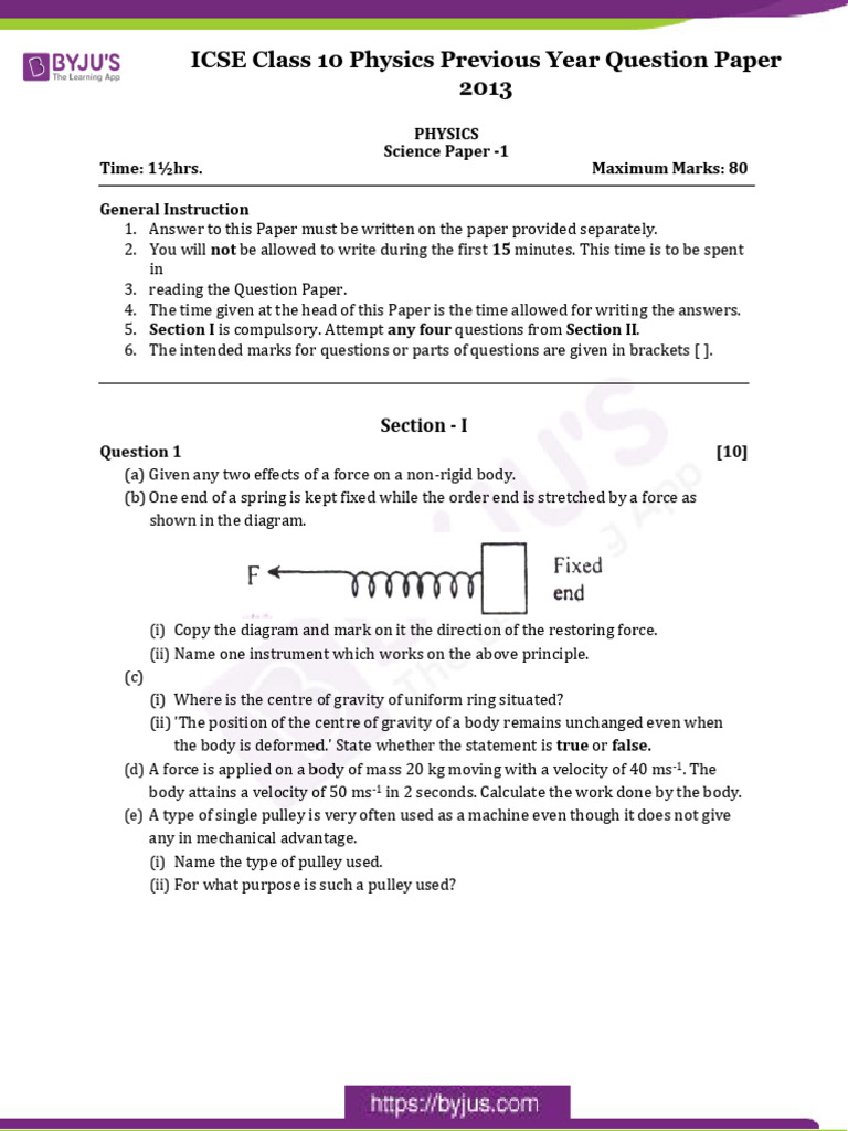 ICSE Class 10 Physics Previous Year Question Paper 2013 | PDF | Force ...