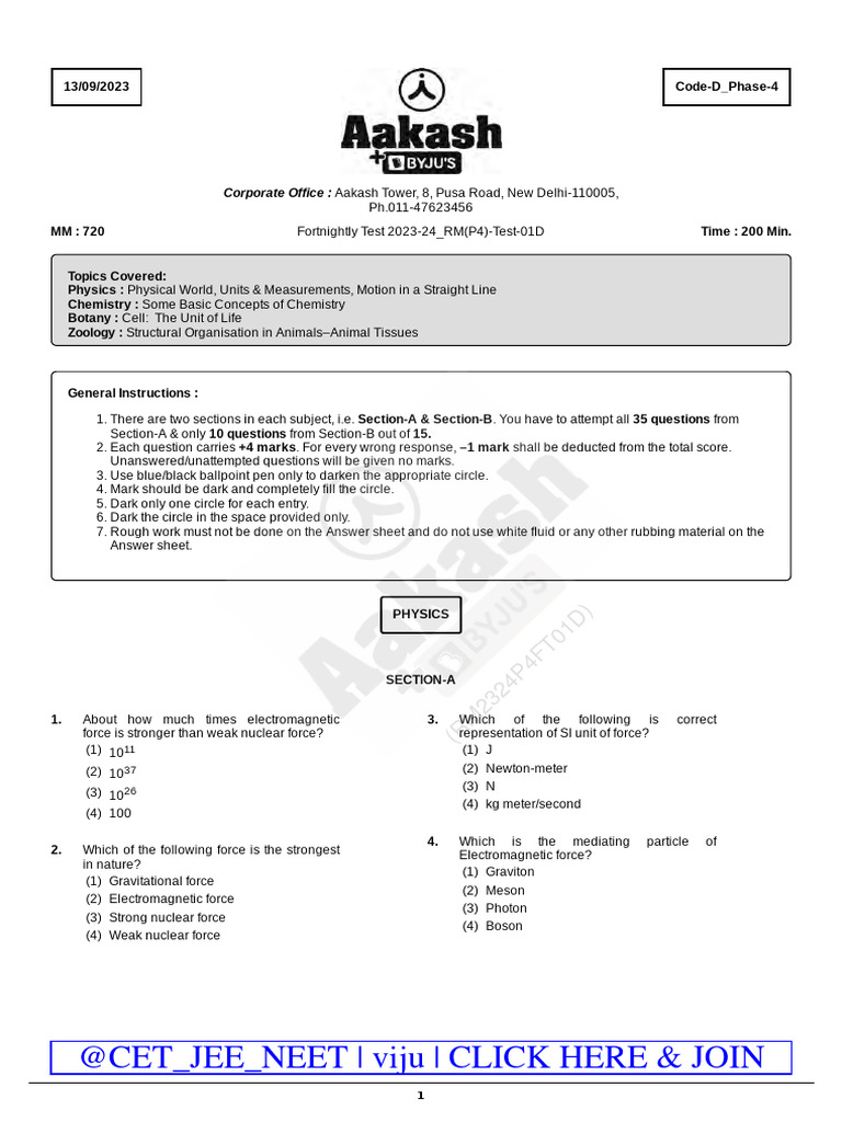 Ft 1 Rm Phase - 4 Code - d Que Paper @Cet_jee_neet (2) | PDF | Force | Acceleration