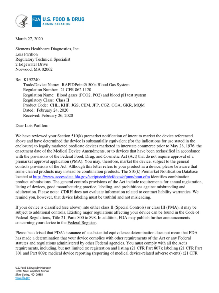 Rapidpoint 500e FDA Document（含500与500e比对） | PDF | Federal Food | Food ...