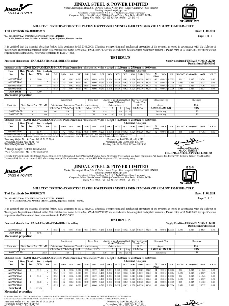 MS Sheets MTC | PDF | Ultimate Tensile Strength | Steel