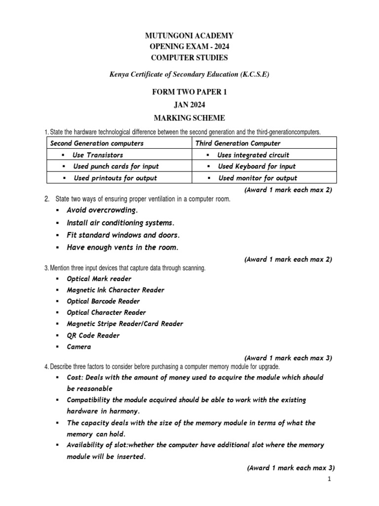 Form 2 Computer Exam Marking Scheme | PDF | Operating System | Computer Data Storage