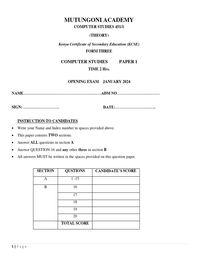 KCSE Form 3 Computer Exam | PDF
