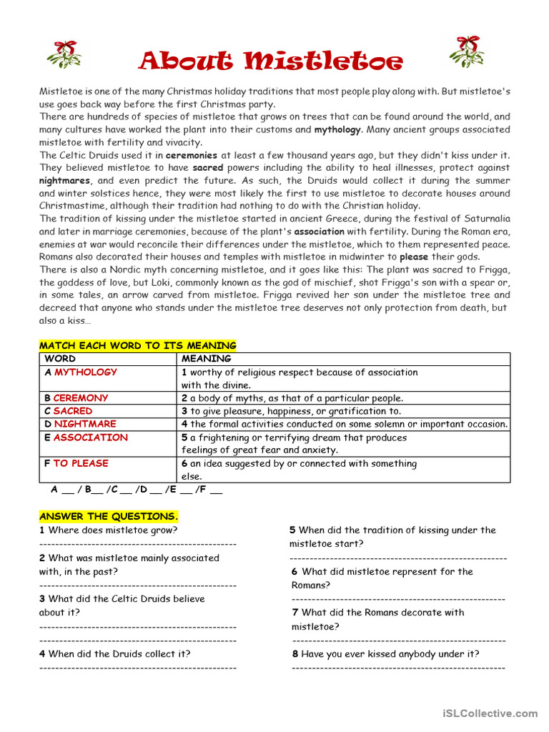 Reading Comprehension - About Mistletoe | PDF | Christmas | Druid