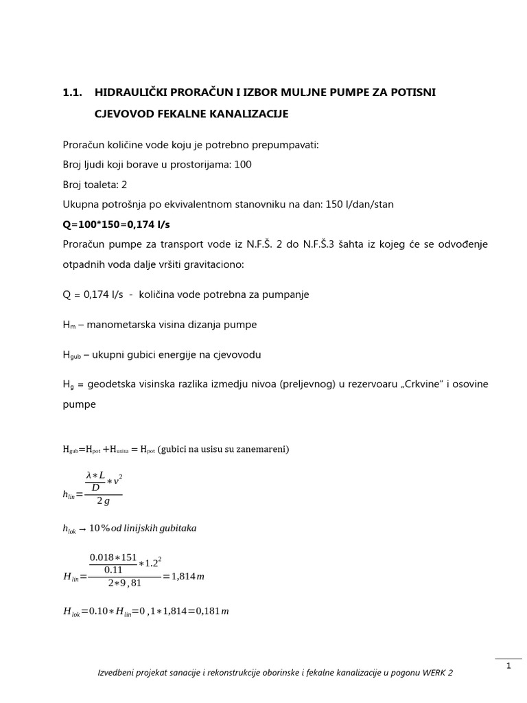Hidraulički Proračun I Izbor Muljne Pumpe Za Potisni Cjevovod Fekalne ...