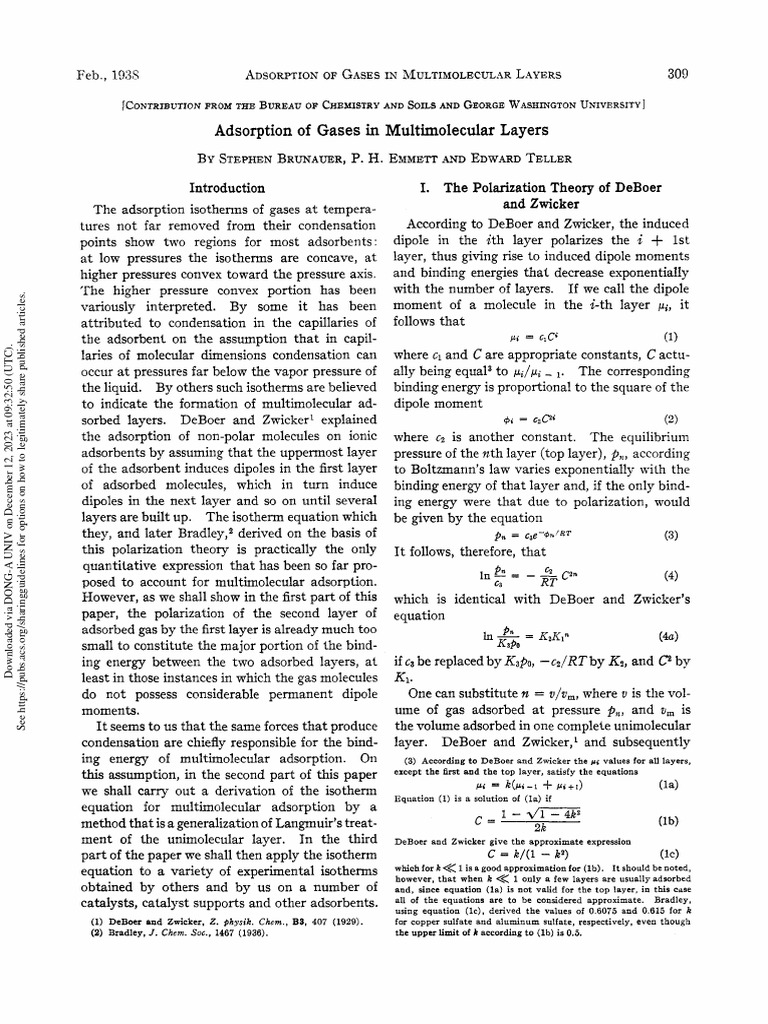 brunauer-et-al-2002-adsorption-of-gases-in-multimolecular-layers | PDF | Adsorption | Applied ...