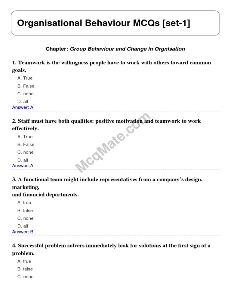 Organizational Behavior MCQs Set 1 | PDF | Social Psychology | Psychology