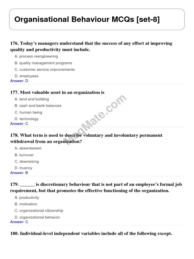 Organisational Behaviour (Chapter - More MCQS) Solved MCQs (Set-8) | PDF | Classical ...