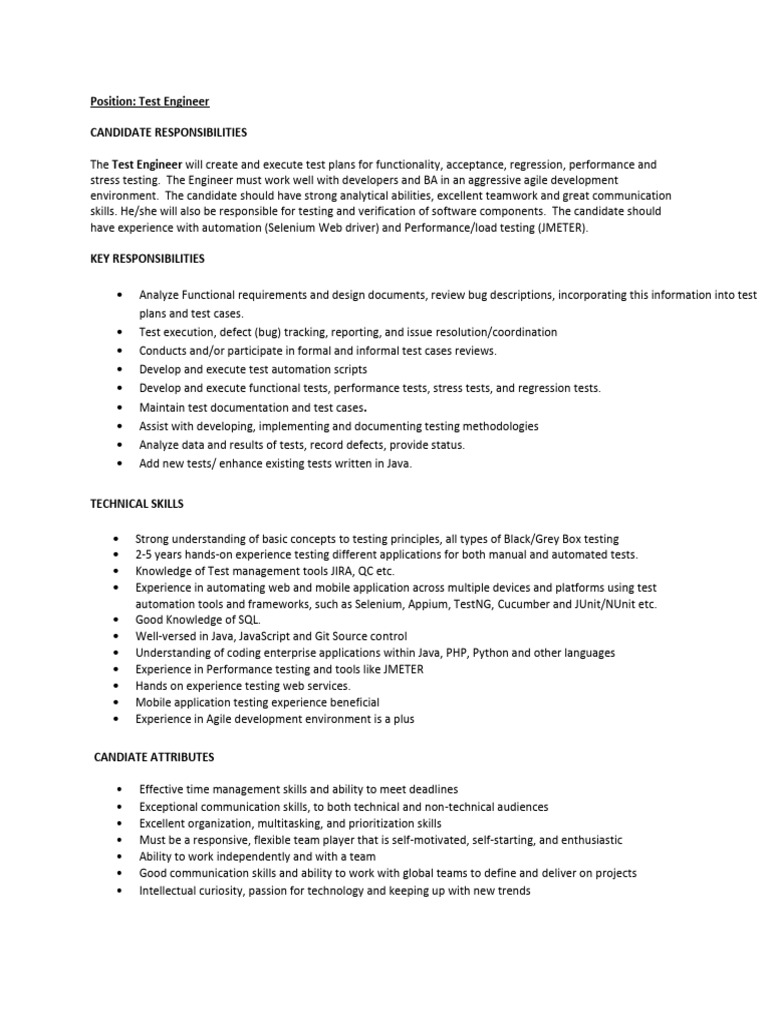 Test Engineer Job Description | PDF | Computing | Software