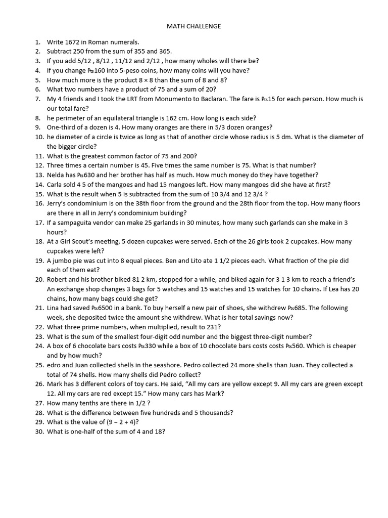 Math Challenge Questions & Problems | PDF | Numbers | Elementary ...