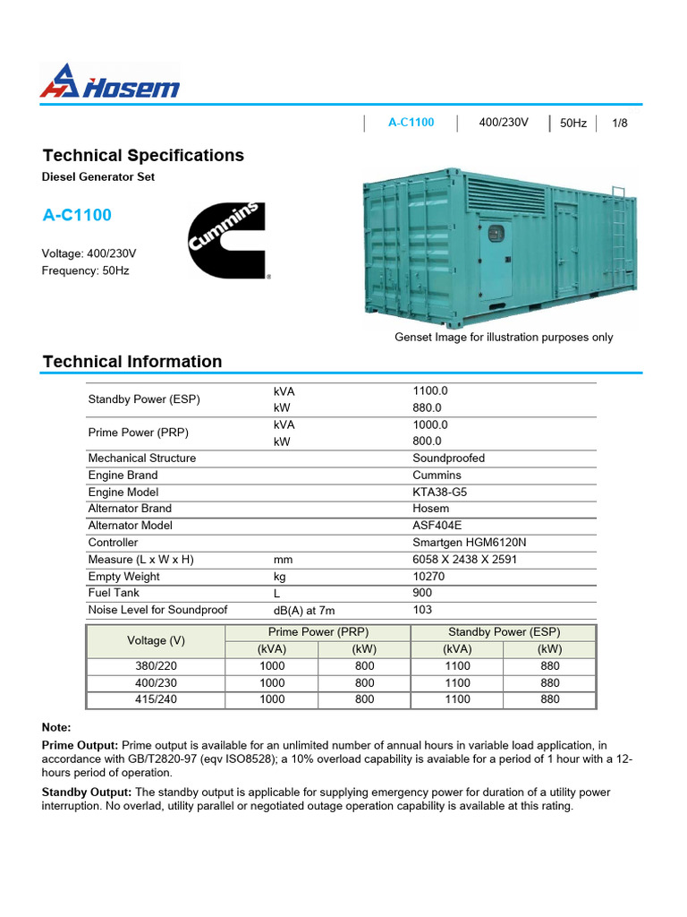 Specification of 1000kVA Cummins Diesel Generator A-C1100 ...