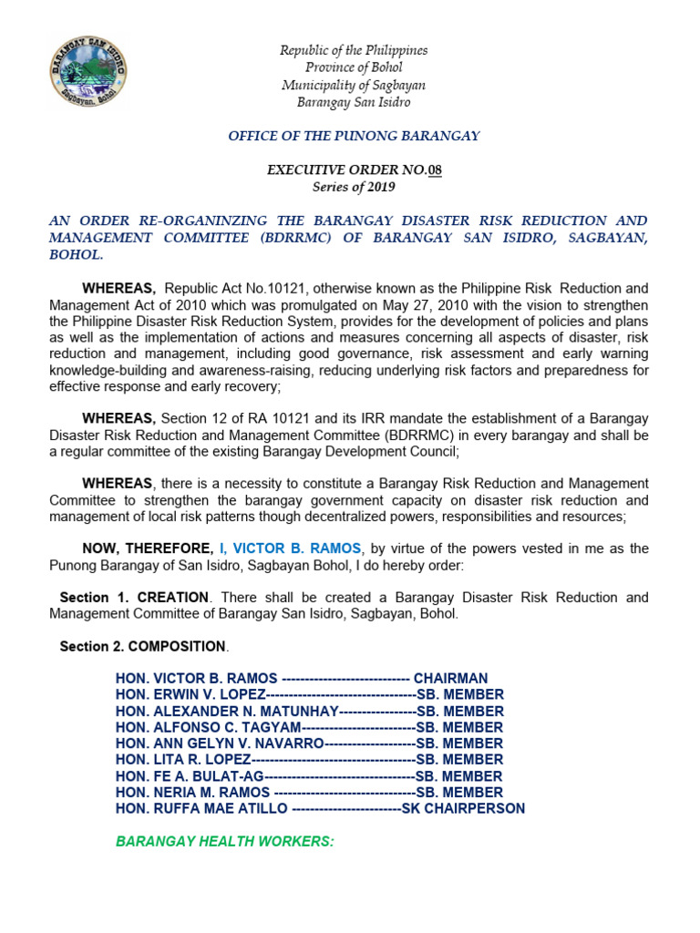 Executive Order No. 2 BDRRMC | Download Free PDF | Disaster Risk ...