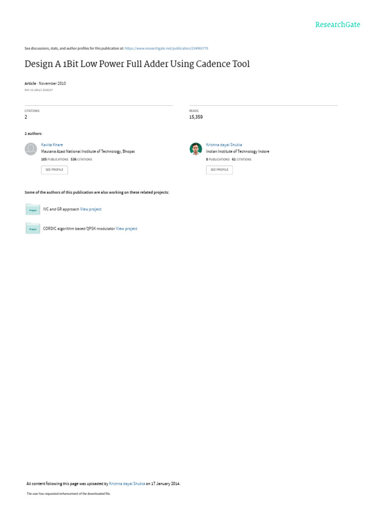 Design A1 Bit Low Power Full Adder Using Cadence Tool | PDF | Logic ...