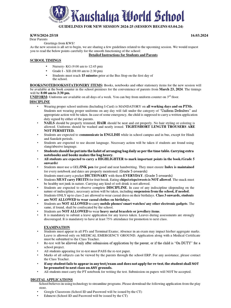 KWS Session 2024-25 Guidelines for Parents | PDF | Identity Document | Fee