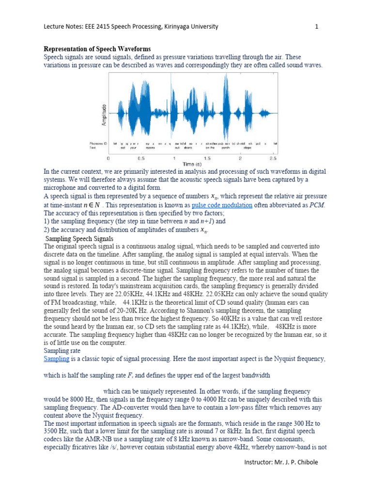 Week-3 Representation of Speech Waveforms - EEE 2415 (1) | PDF | Sampling (Signal Processing ...