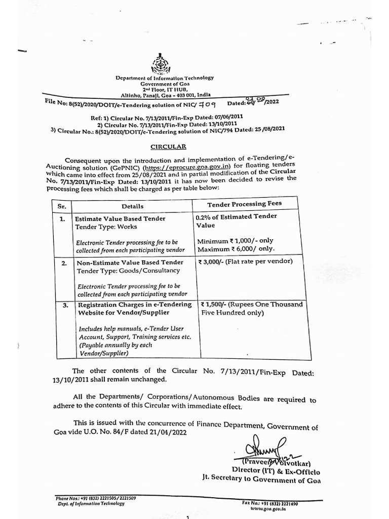 ITG Circular Tender Fees Aug 2022 | PDF
