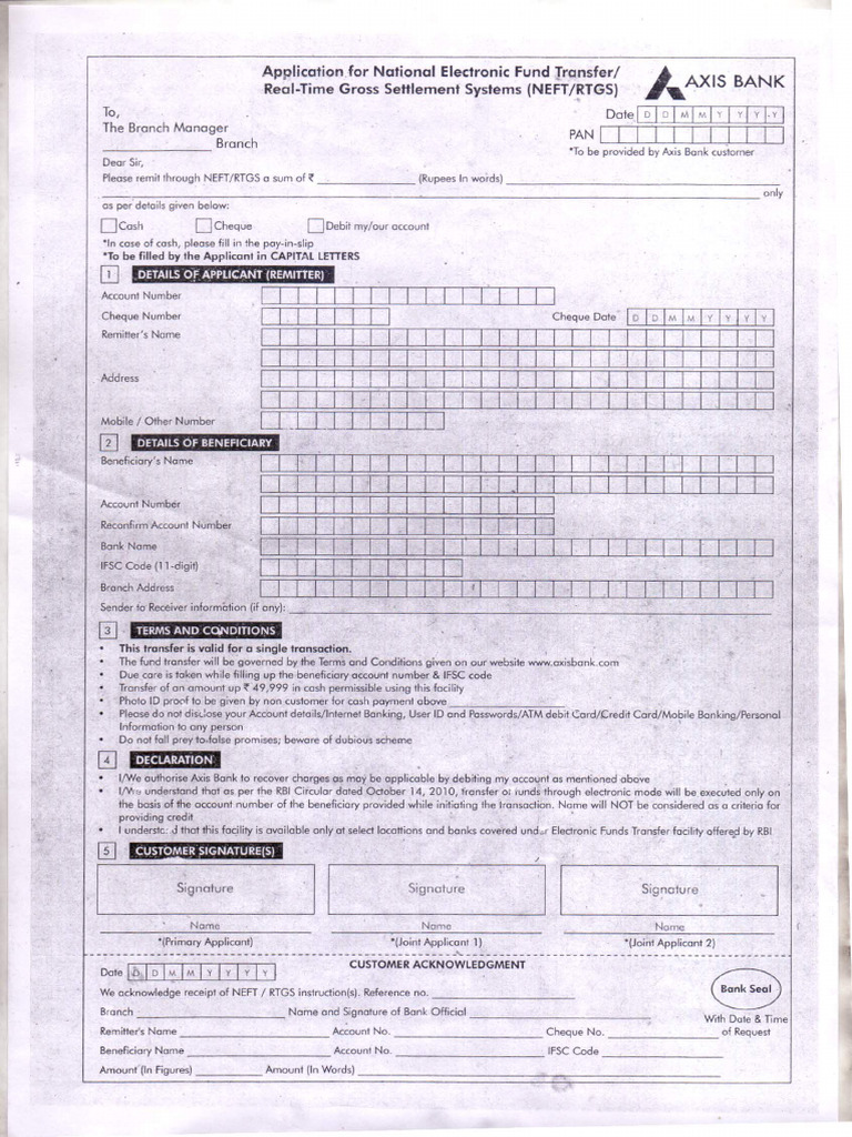 Axis Bank Neft Form | PDF