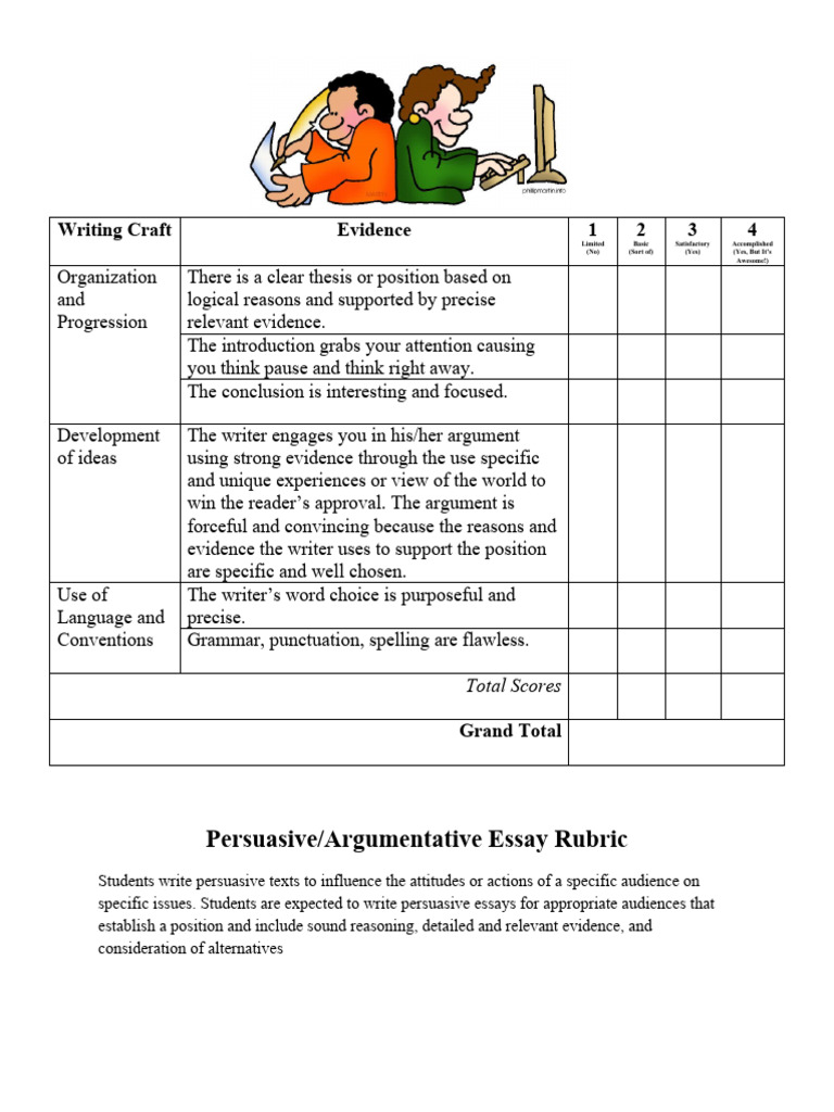 Persuasive/Argumentative Essay Rubric: Writing Craft Evidence 1 2 3 4 | PDF