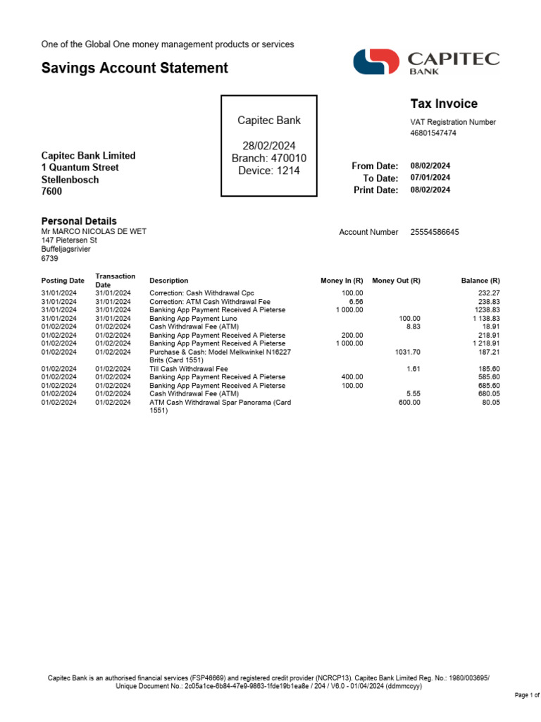 Capitec Bank Statement - T334 - 副本 | PDF | Cash | Banks