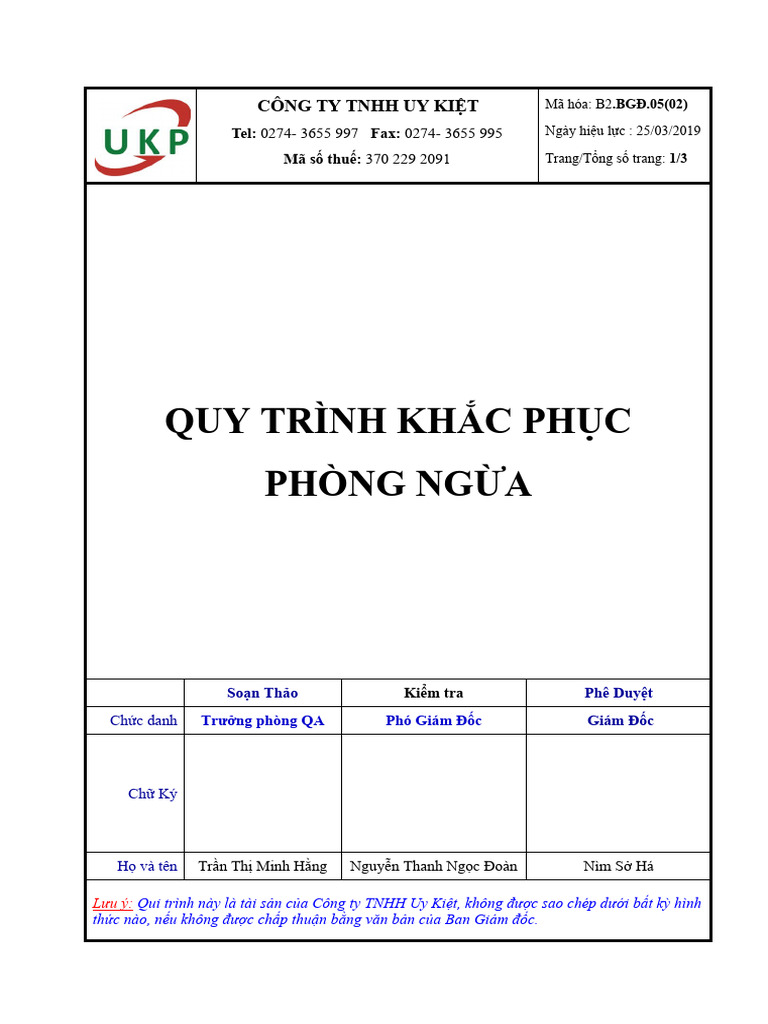 B2.BGĐ.05 (02) - Quy Trinh Khac Phuc Va Phong Ngua | PDF